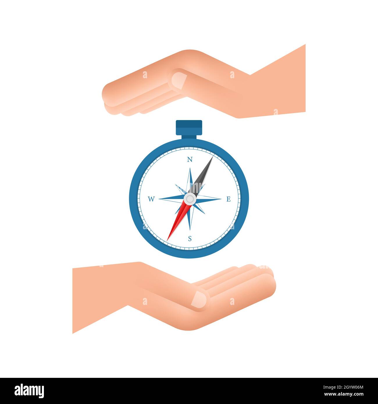 Compass icon over hands on white background. Flat vector navigation ...