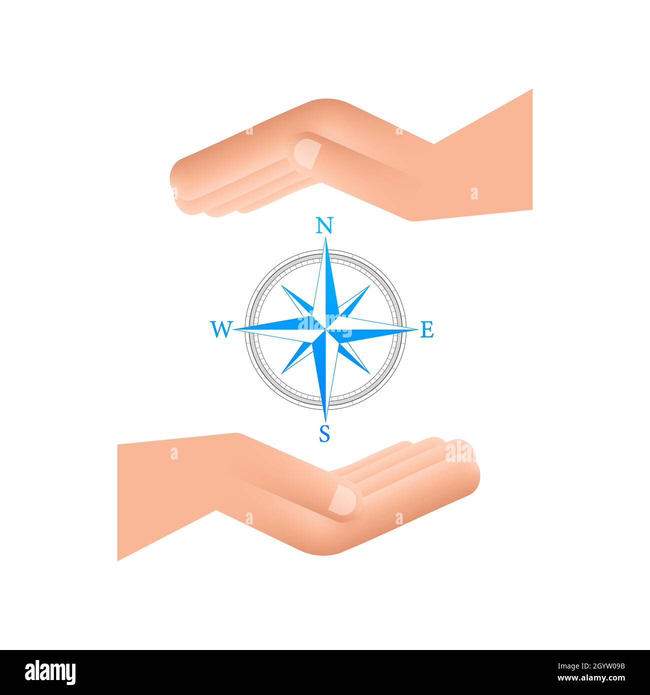 Compass icon over hands on white background. Flat vector navigation ...
