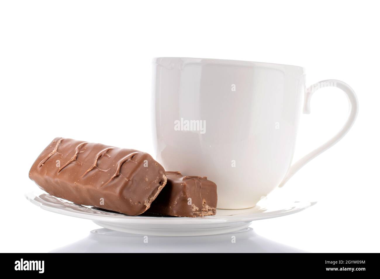 Two sweet chocolate bars with a white cup, close-up, isolated on white ...