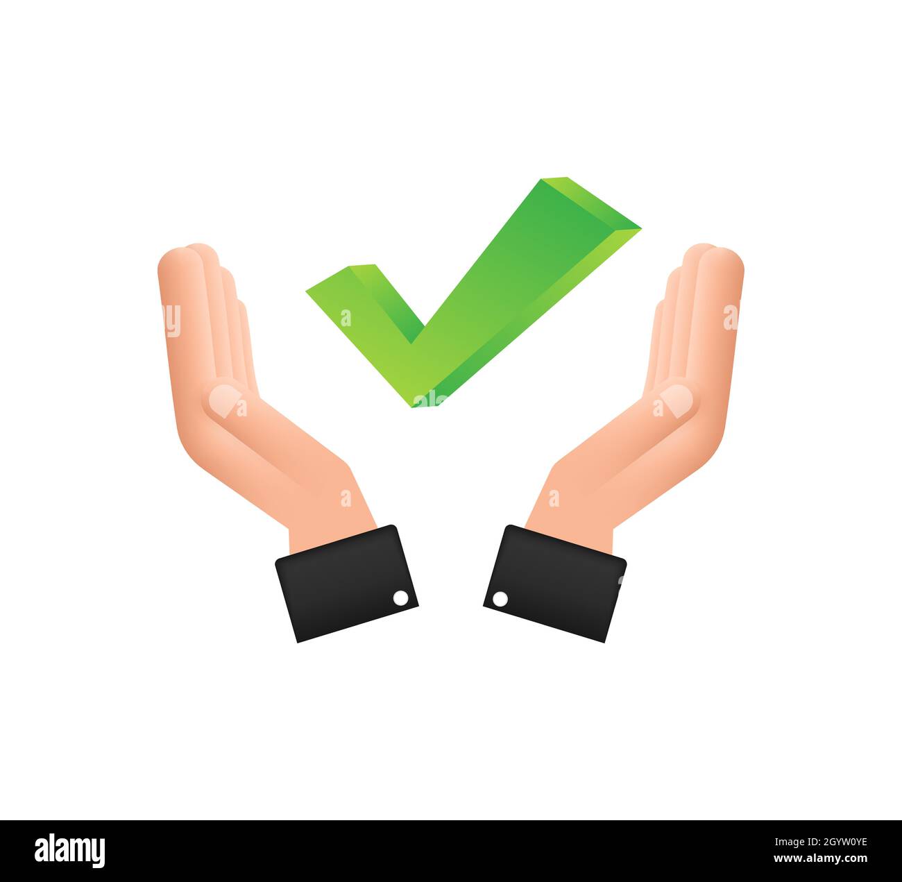 Check mark hanging over hands. Green approved star sticker on white ...