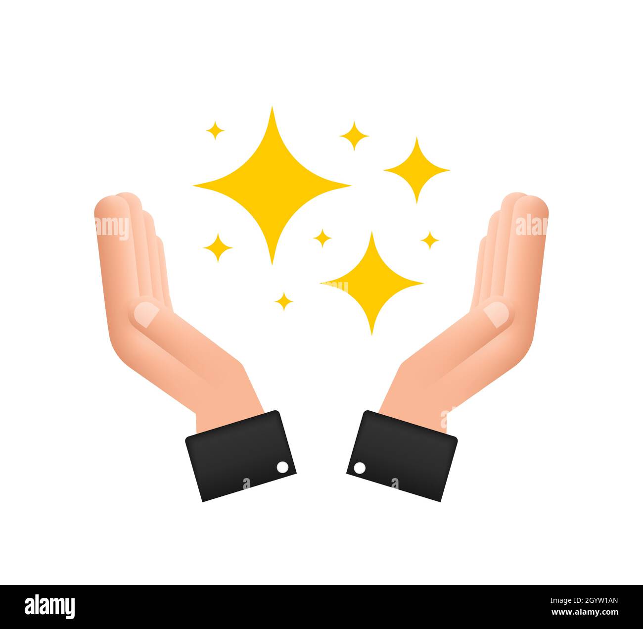 Yellow sparkles symbols in hands. The set of original vector stars sparkle icon. Bright firework ...