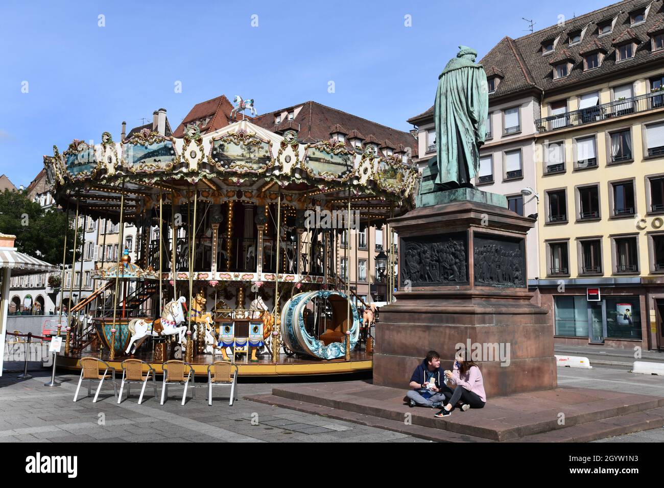 The old 1900s carousel Johannes Gutenberg square in Strasbourg, France ...