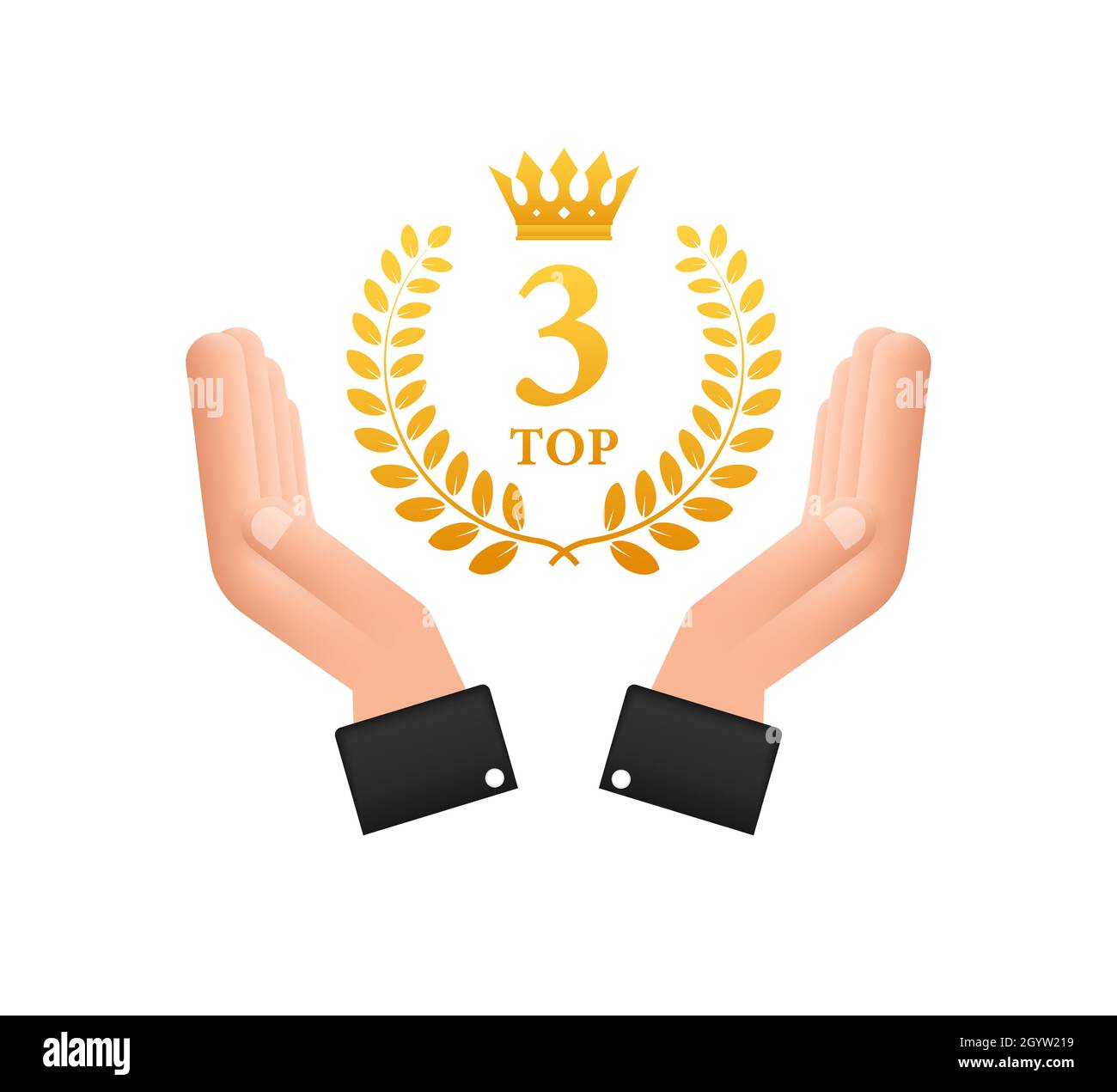 Top 3 label in hands. Golden laurel wreath icon. Vector stock ...