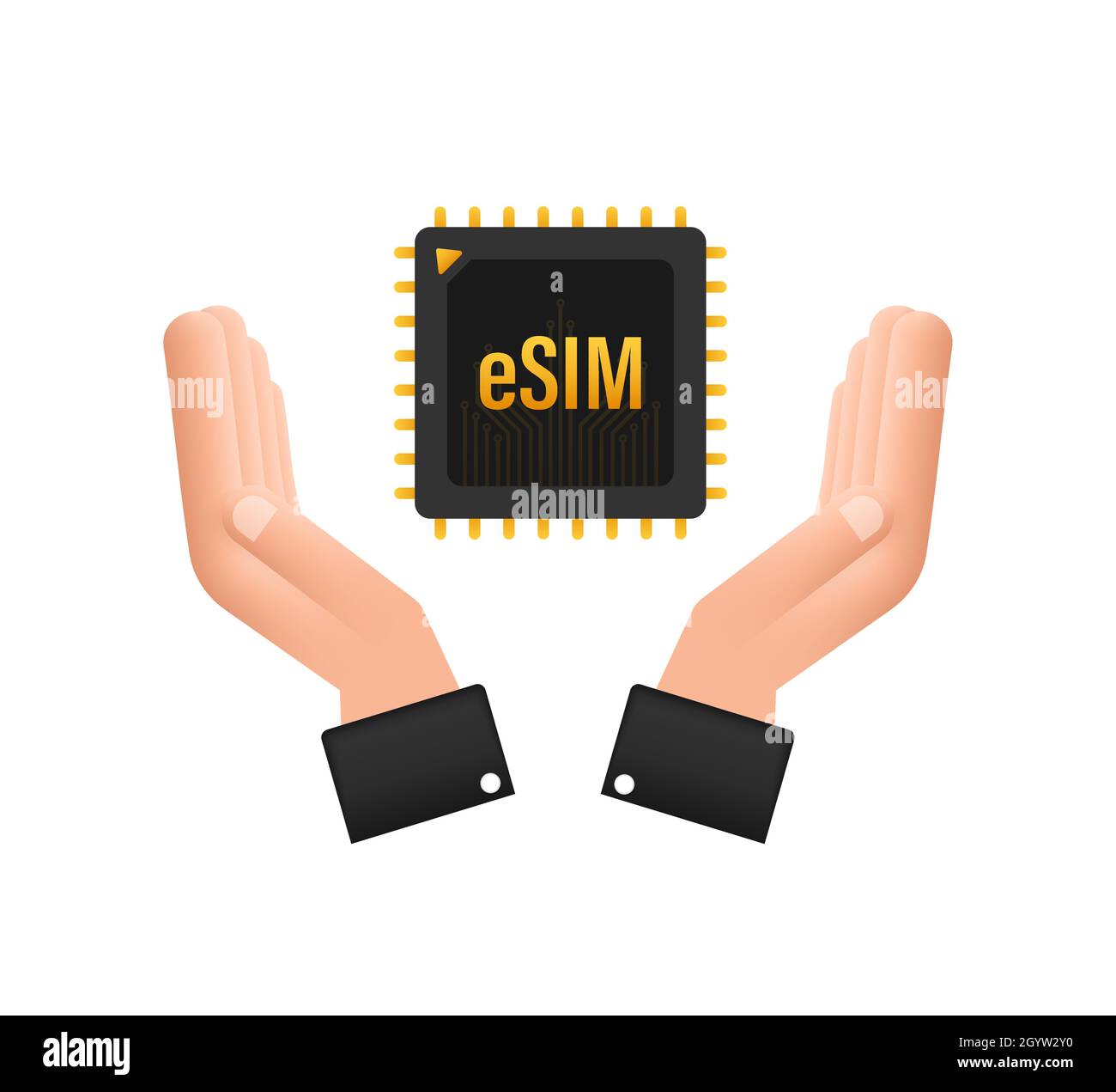 eSIM Embedded SIM card with hands icon symbol concept. new chip mobile ...