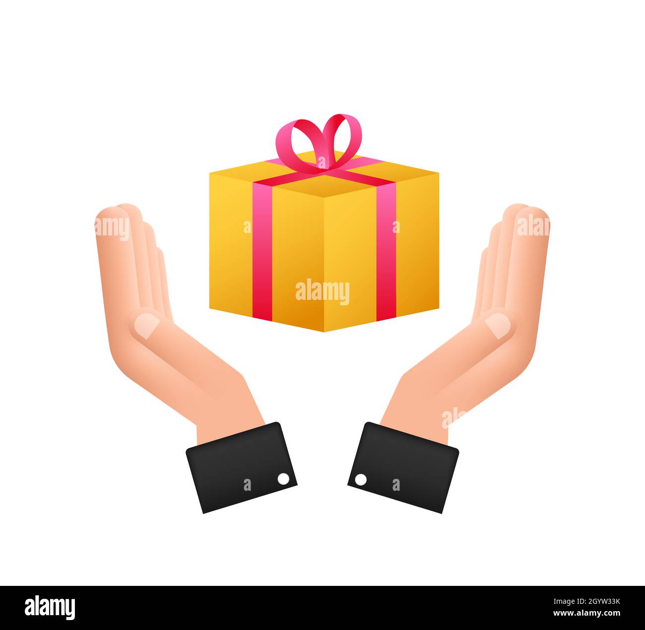 Gold prizes box in amazing style in hands. Present gift box icon ...