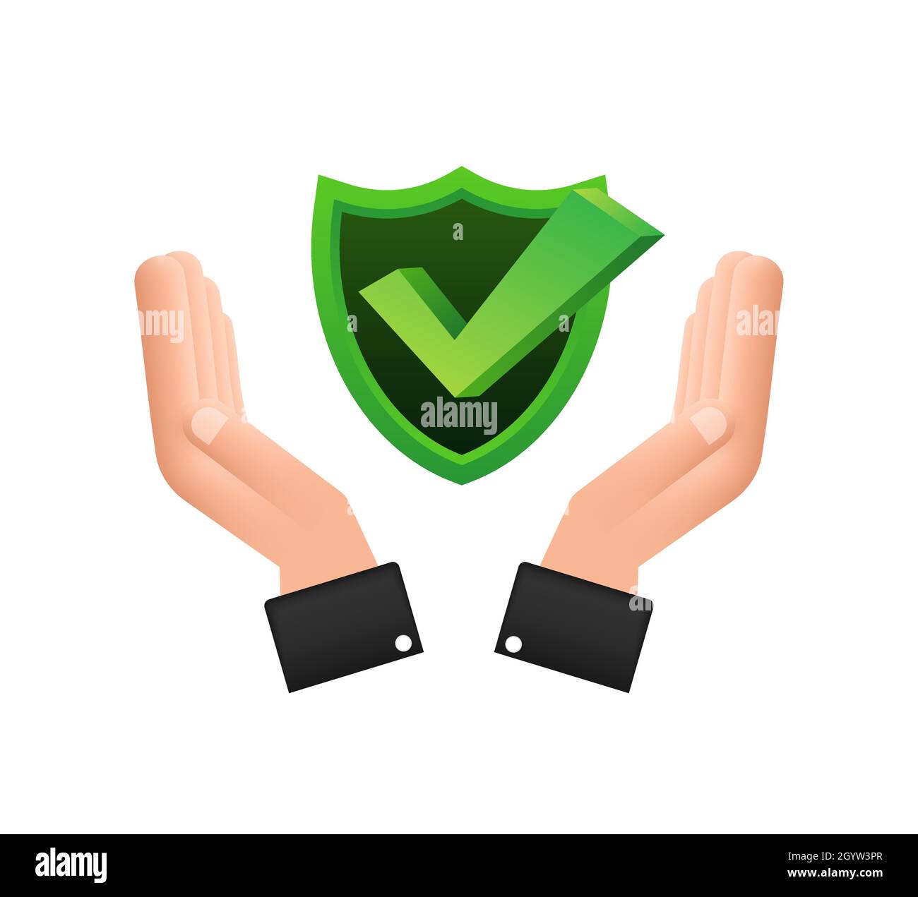Check mark hanging over hands. Green approved star sticker on white ...