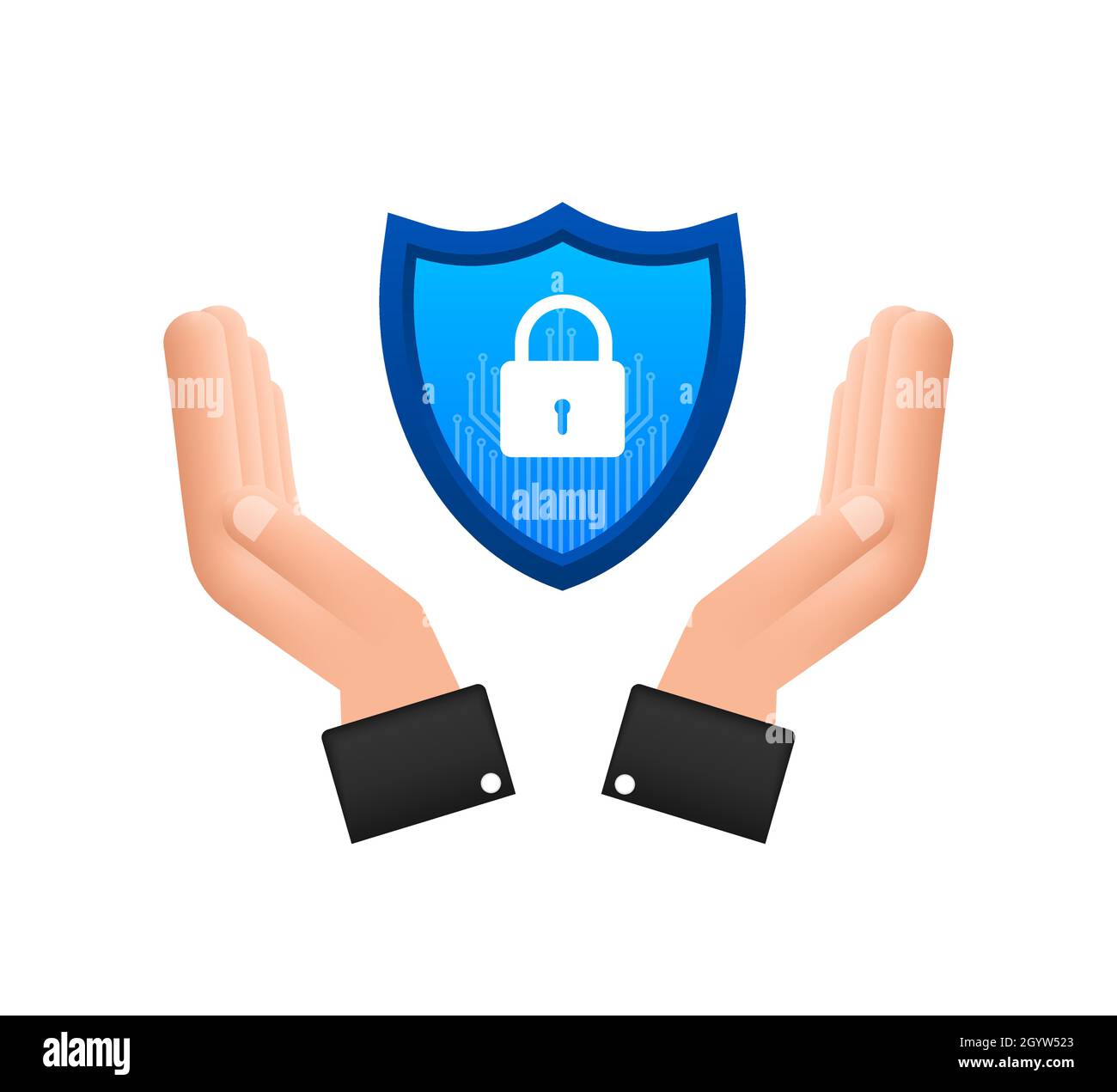 Cyber security vector logo with shield and check mark. Hands holding ...