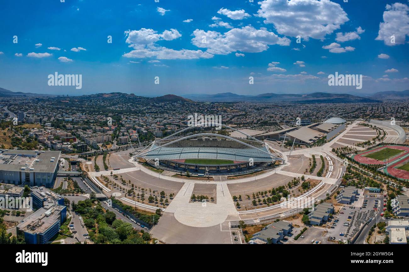 Iconic aerial view over Spyros Louis OAKA Olympic stadium in Athens ...