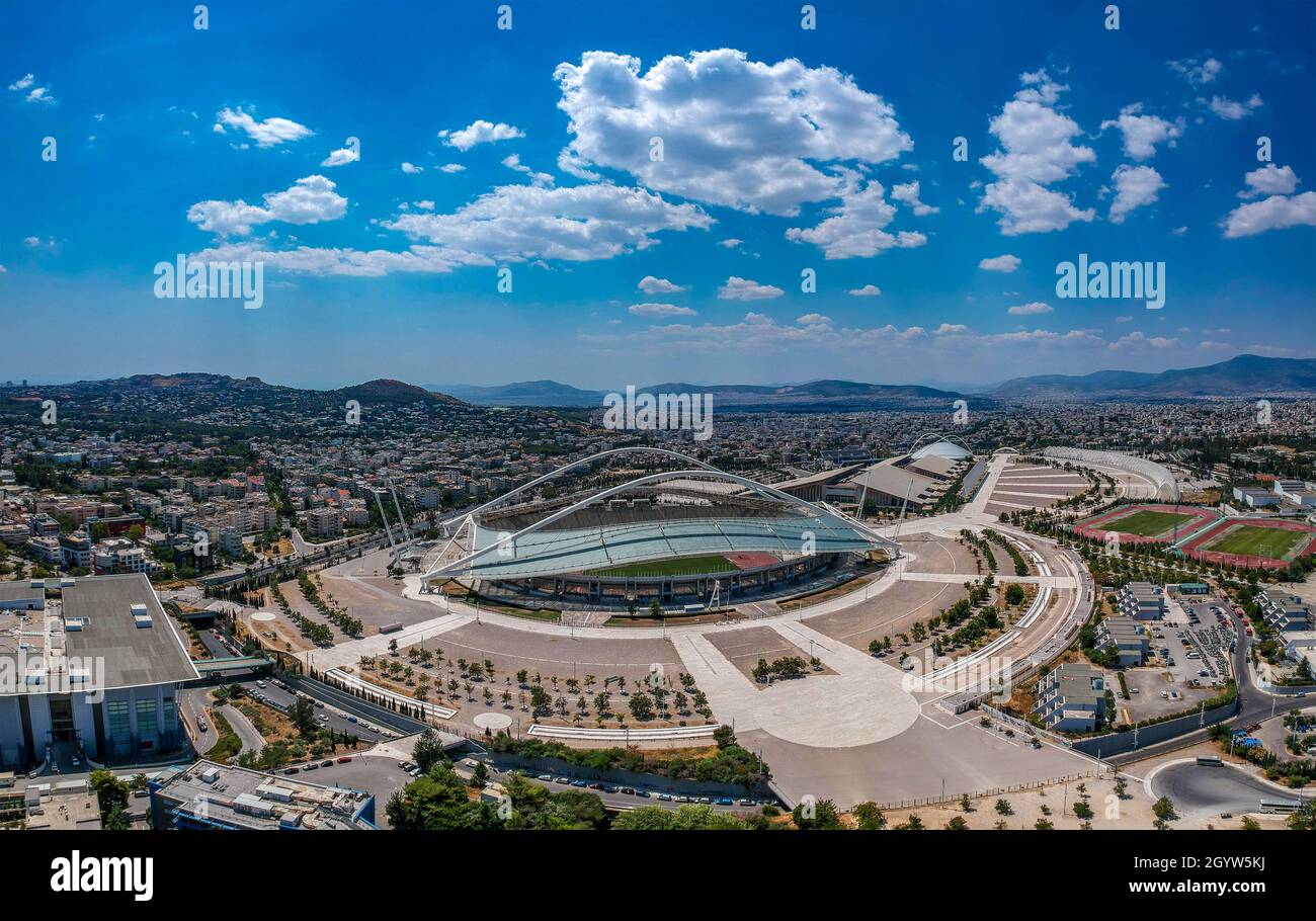 Iconic aerial view over Spyros Louis OAKA Olympic stadium in Athens ...