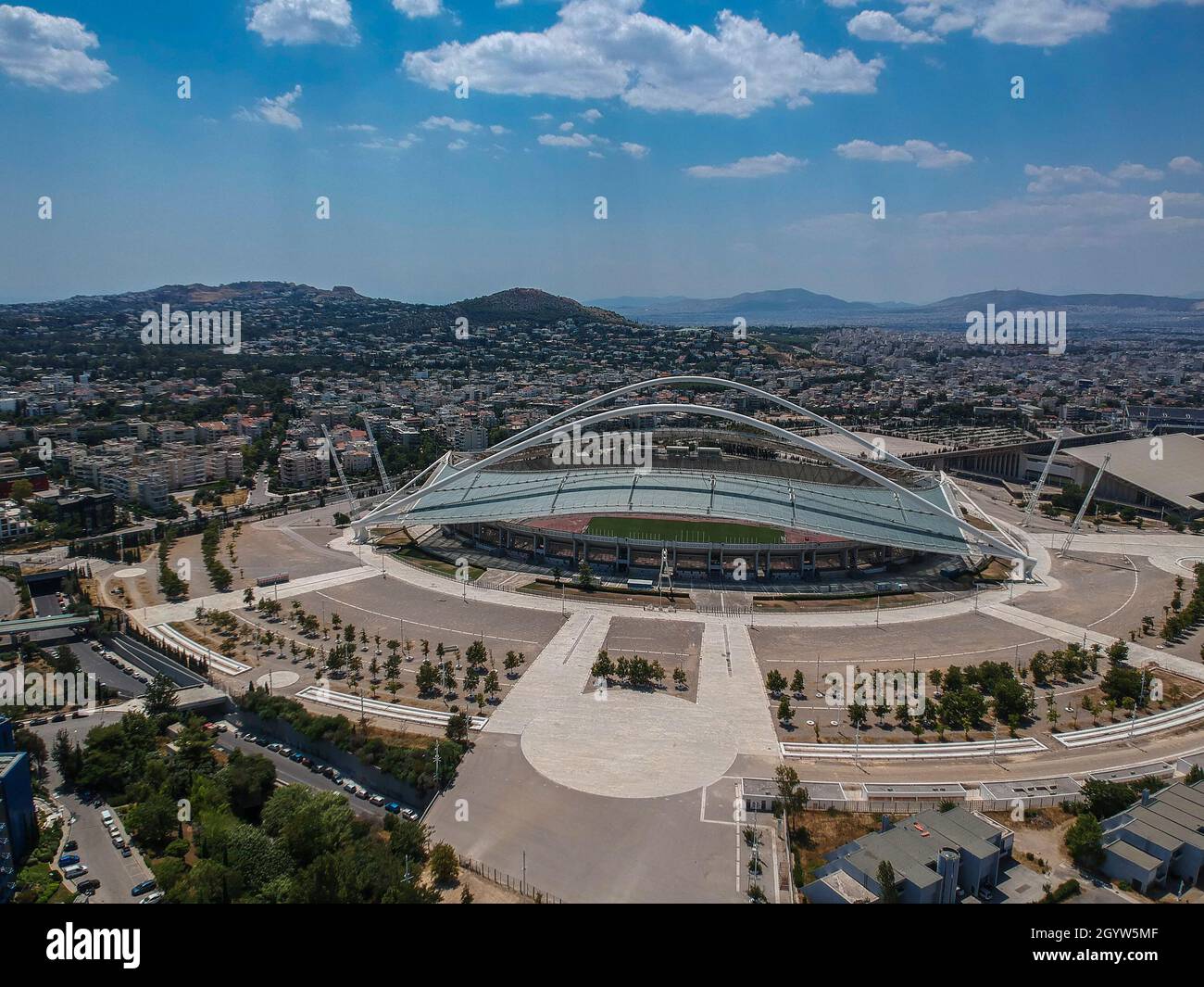 Iconic aerial view over Spyros Louis OAKA Olympic stadium in Athens ...