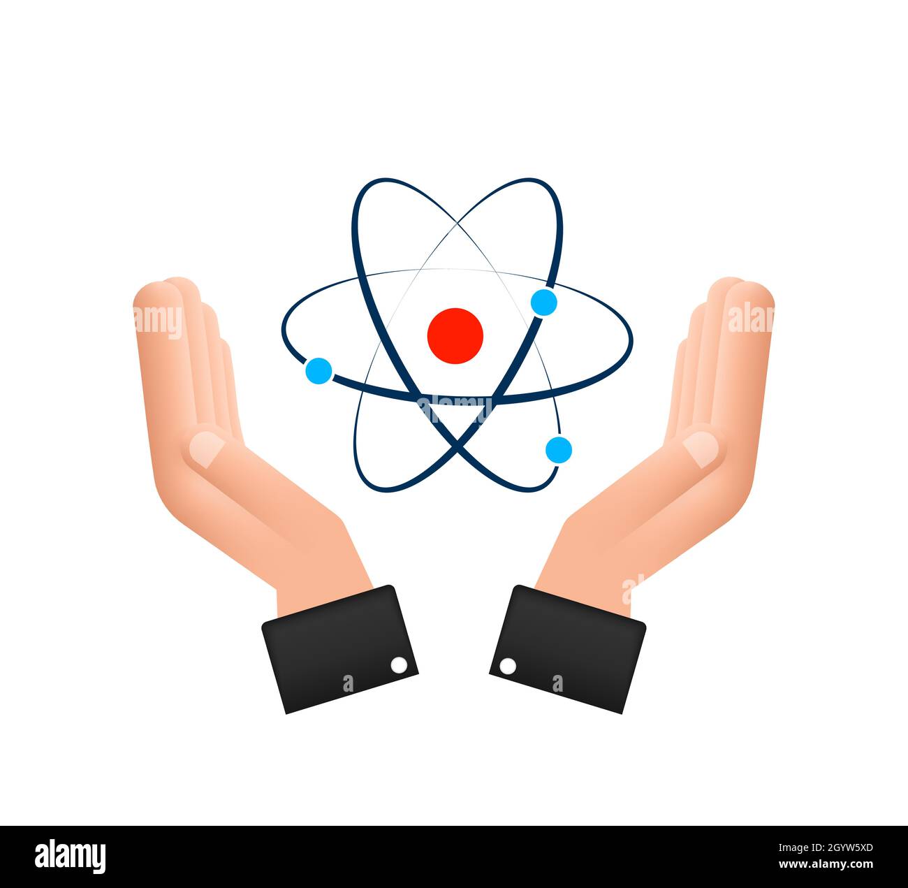 Atom icon over hands vector, atom symbols on white background Stock ...