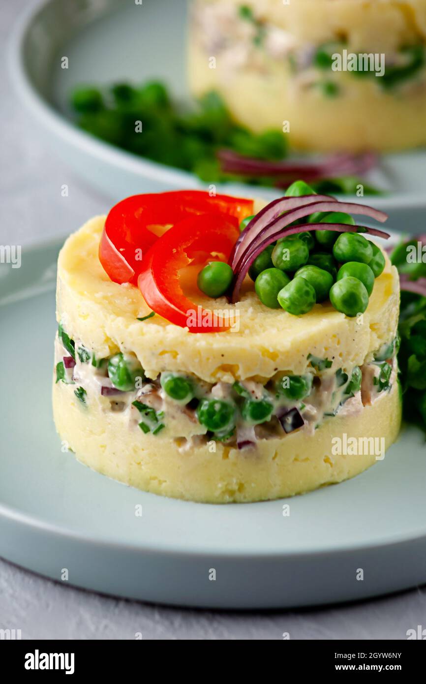 Causa stuffed with chicken. A traditional Peruvian dish Stock Photo - Alamy