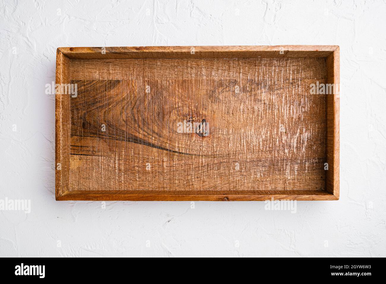 Empty dark wooden box with copy space for text or food, top view flat ...