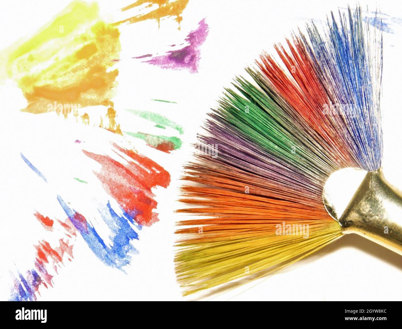 Close-up of a paintbrush painted in rainbow colors on a white canvas ...