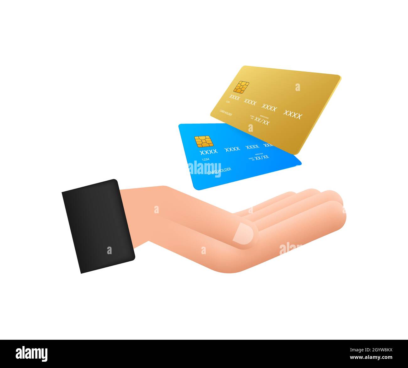 Blue simple credit card with hands template on white background. Vector ...
