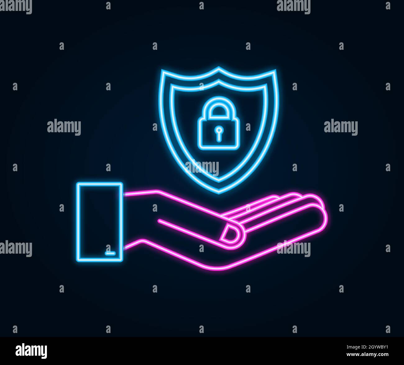 Neon cyber security vector logo with shield and check mark. Hands ...