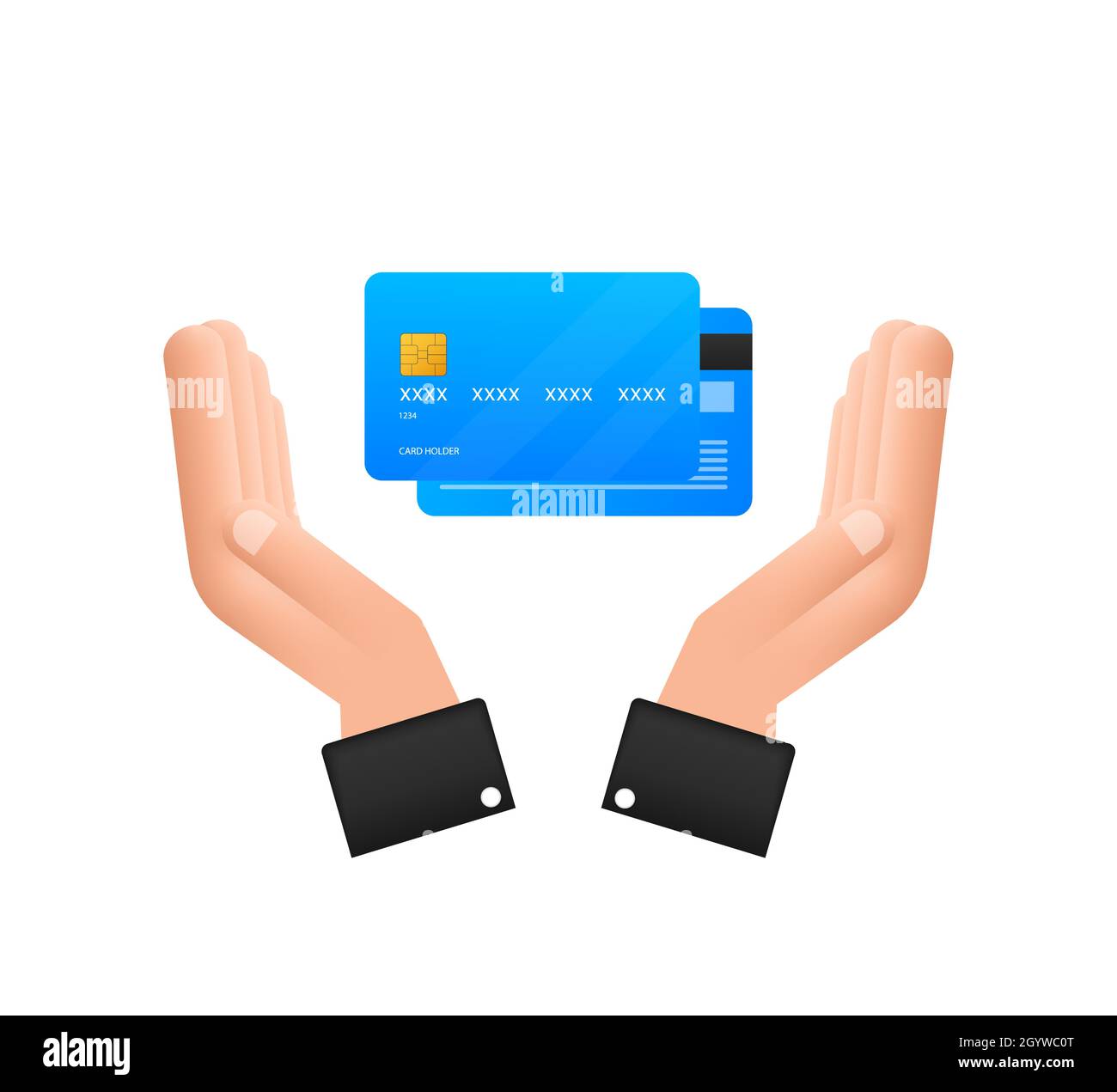 Blue simple credit card with hands template on white background. Vector ...