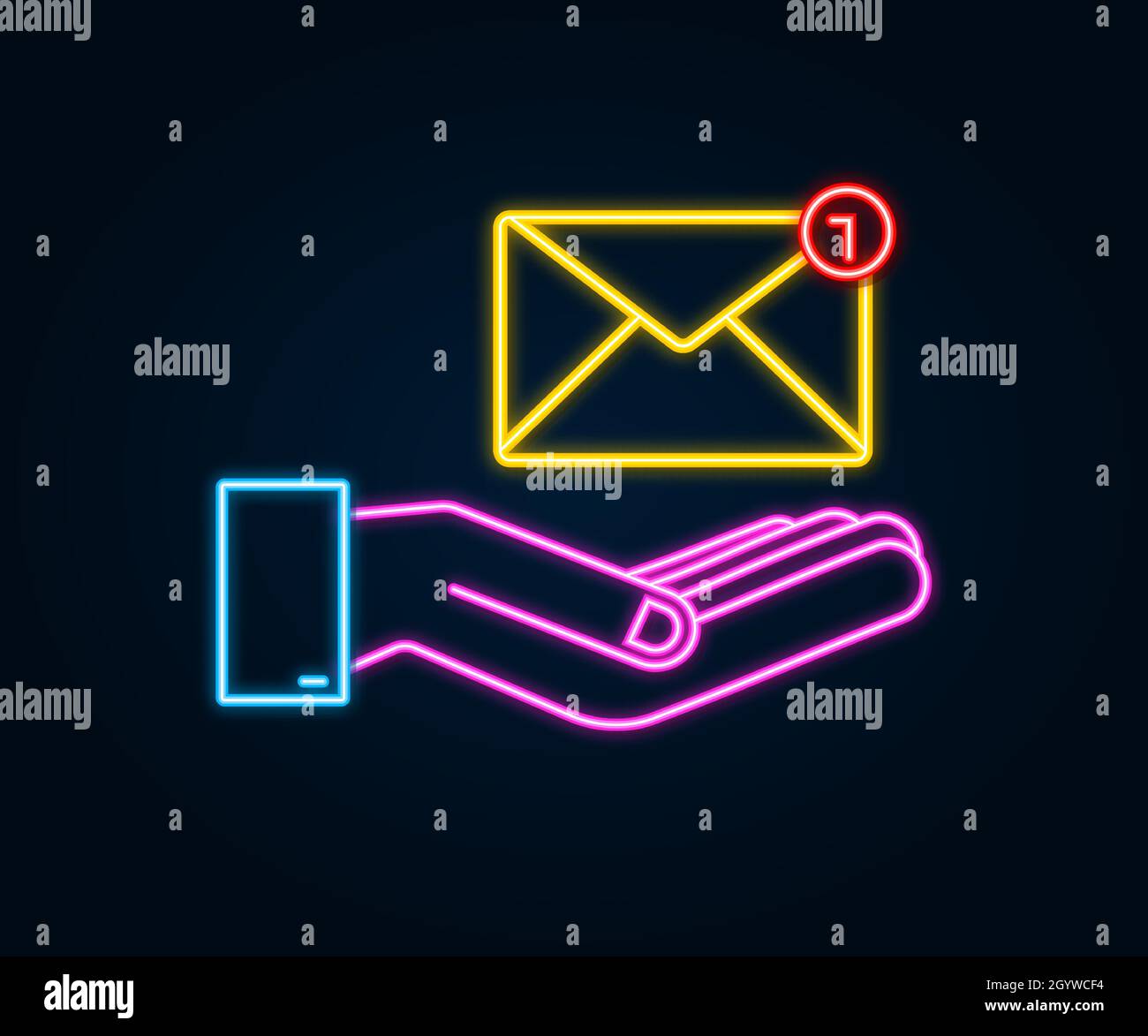 Neon email notification concept with hands. New email. Vector ...