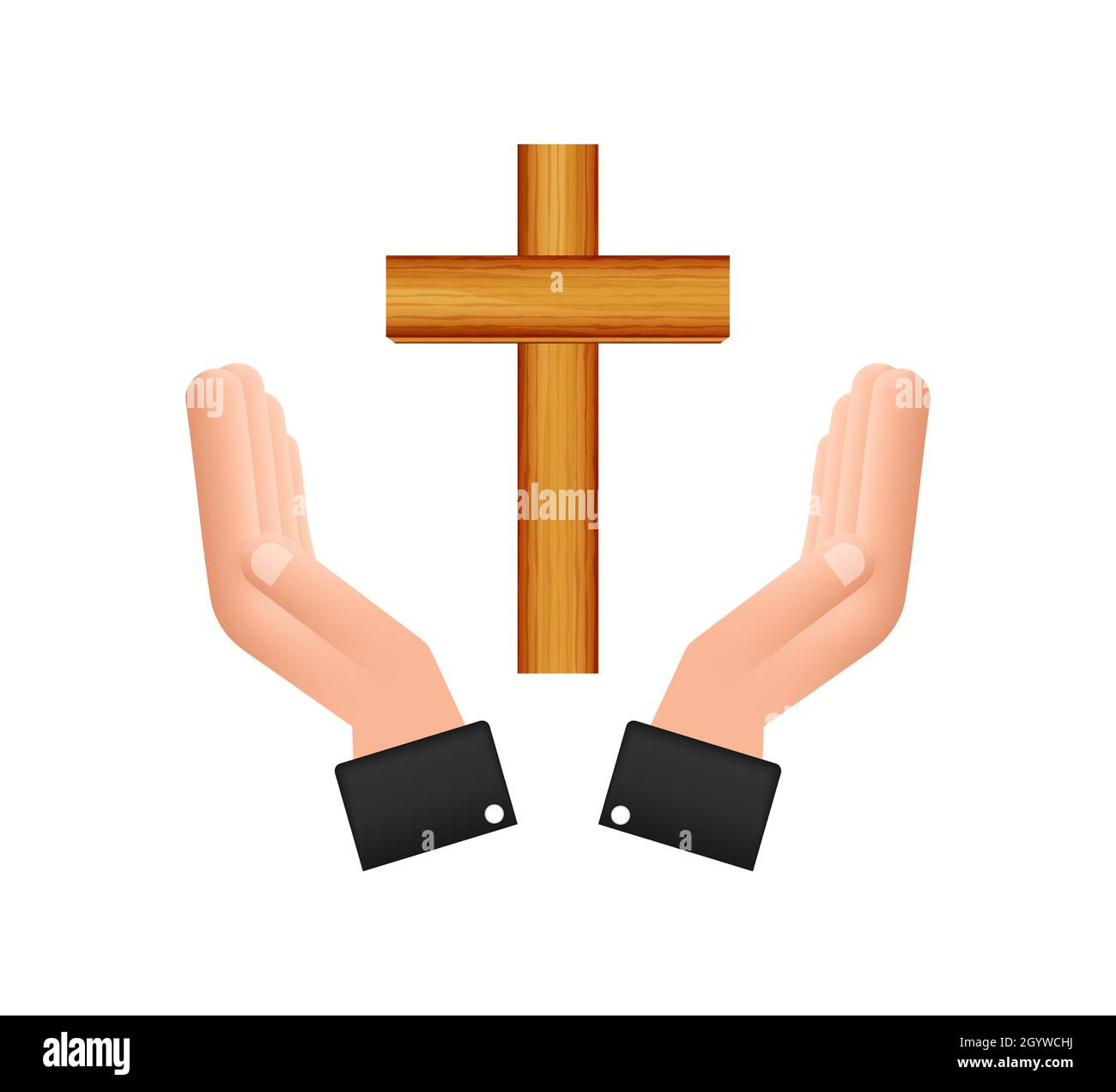Cross wood icon in hands design on white background. Religion icon ...