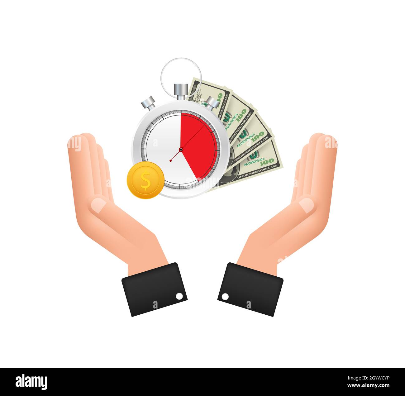 Timer and money in hands. Clock and bag, time is money, fast loan ...