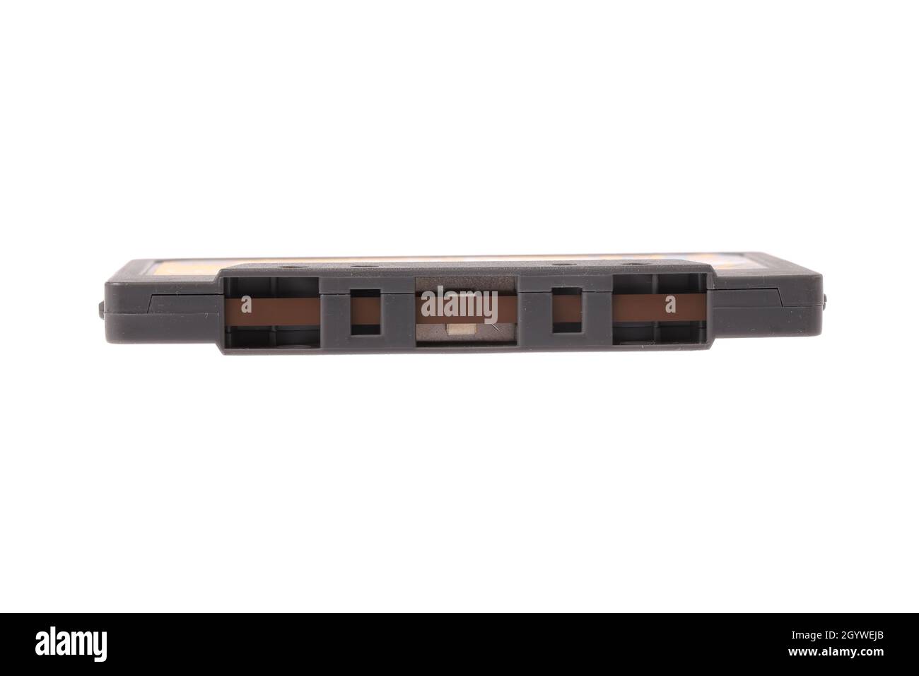 Close-up bottom view of an audio cassette tape isolated on white ...