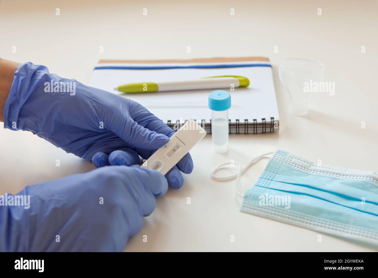 sars covid antigen test. doctor hands in blue gloves holding rapid test ...