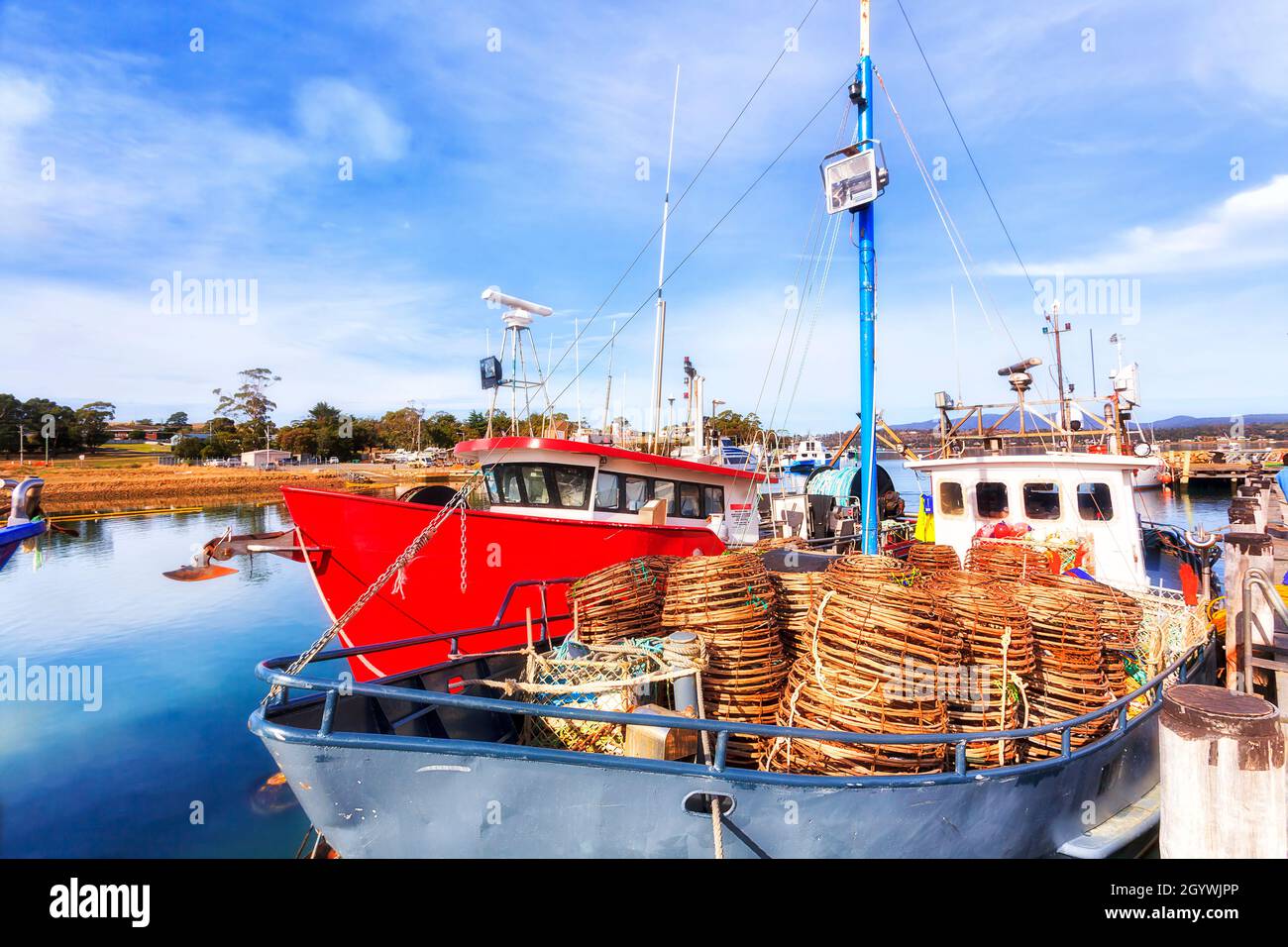Nautical local fishing boats in Triabunna town on Tasmanian East coast ...