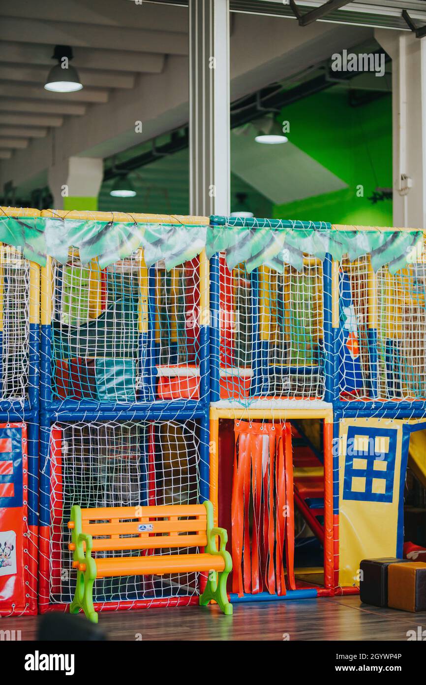 High-angle shot of colorful trampoline in a playroom Stock Photo - Alamy