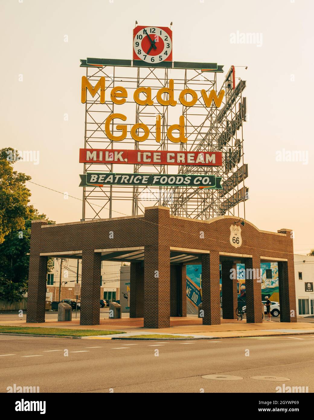 Meadow Gold neon sign at sunset, on Route 66 in Tulsa, Oklahoma Stock ...