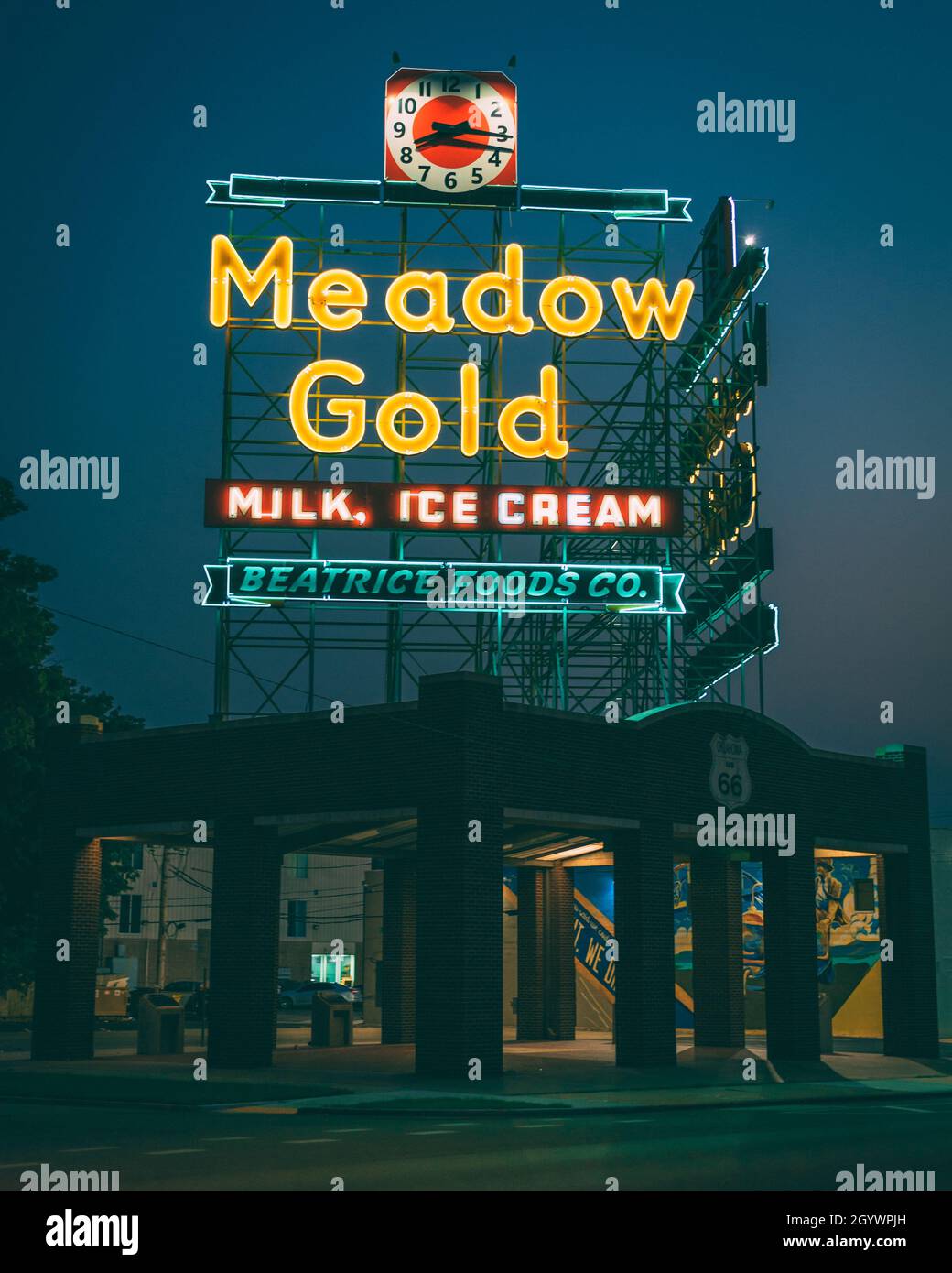 Meadow Gold neon sign at night, on Route 66 in Tulsa, Oklahoma Stock ...