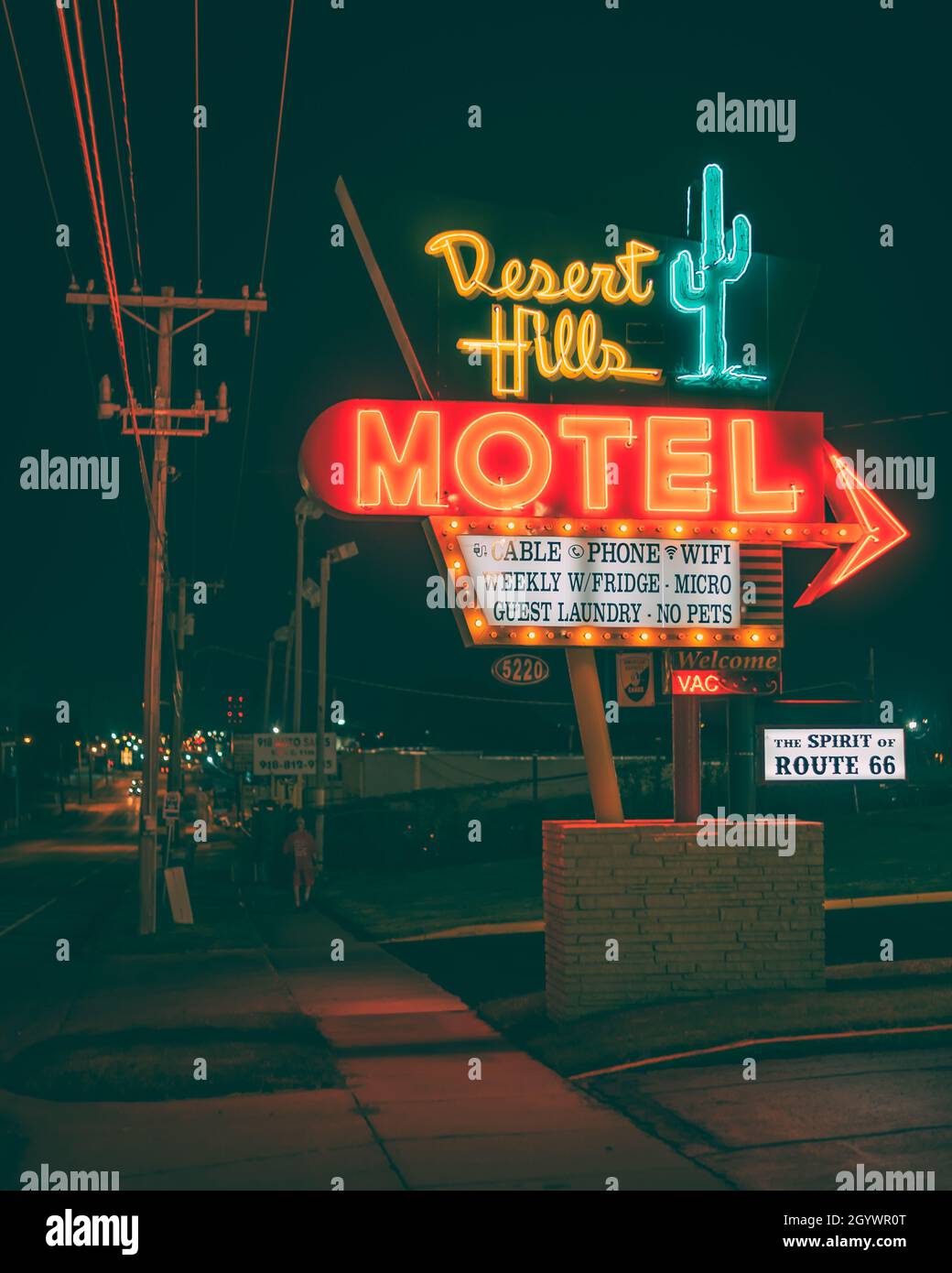 Desert Hills Motel vintage neon sign at night on Route 66 in Tulsa ...