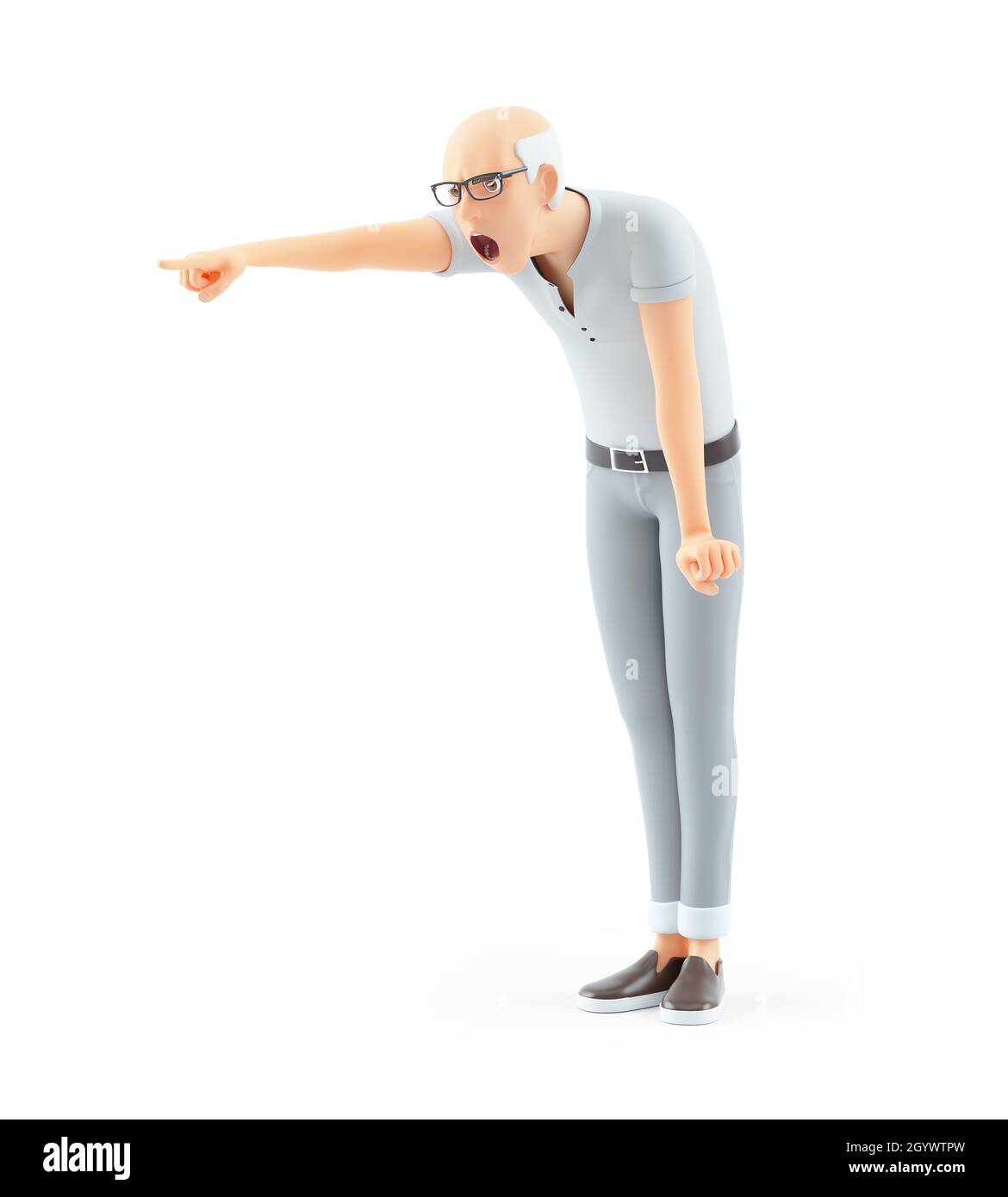 3d angry senior man shouting and pointing finger, illustration isolated ...