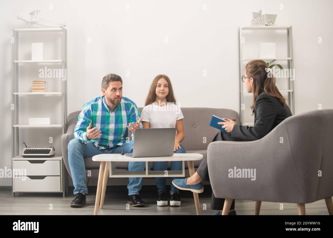 worries father with child talk to family psychologist, therapy Stock ...