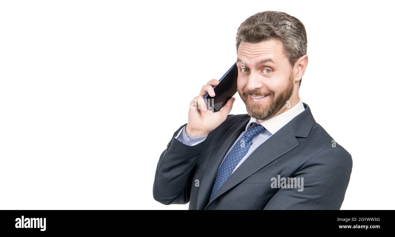 Happy lawyer man in formal suit talk on mobile phone isolated on white ...