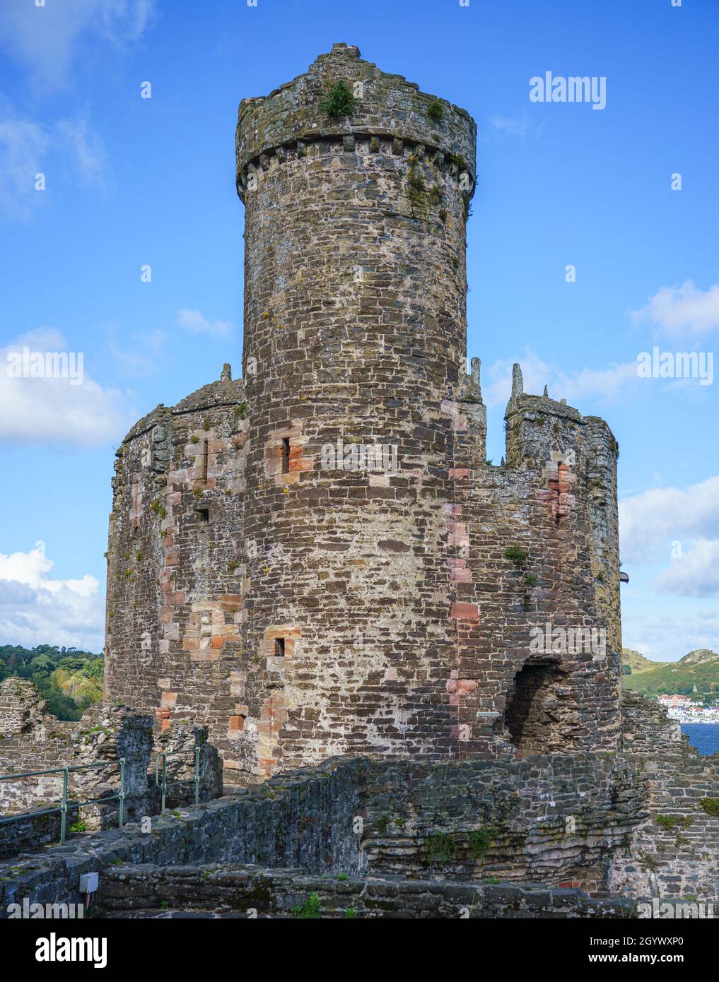 view of a tower of the well preserved 13th century medieval Conwy ...