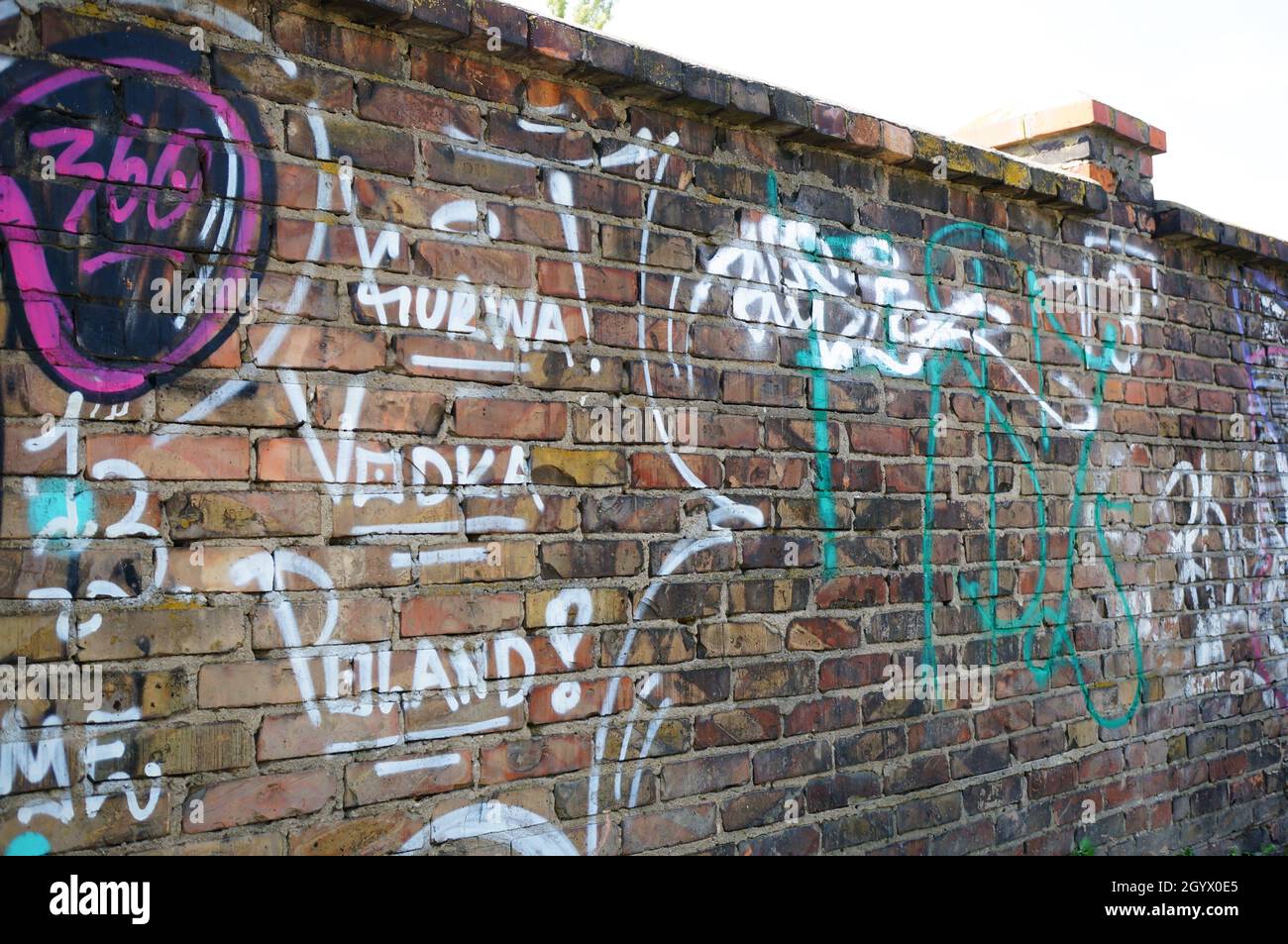POZNAN, POLAND - Aug 02, 2015: A close-up shot of graffiti drawings and ...