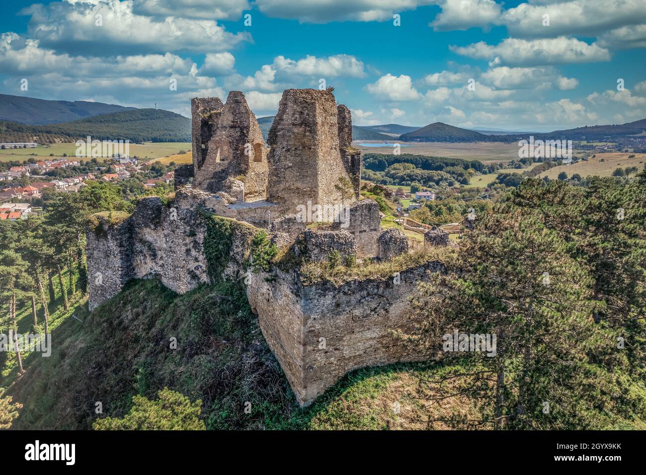 Aerial view of medieval ruined Gothic Divín castle in Southern Slovakia ...