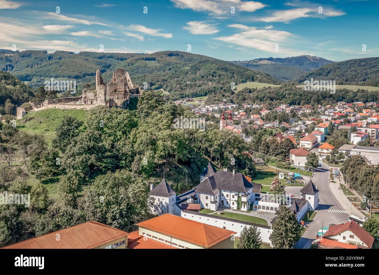 Aerial view of medieval ruined Gothic Divín castle in Southern Slovakia ...