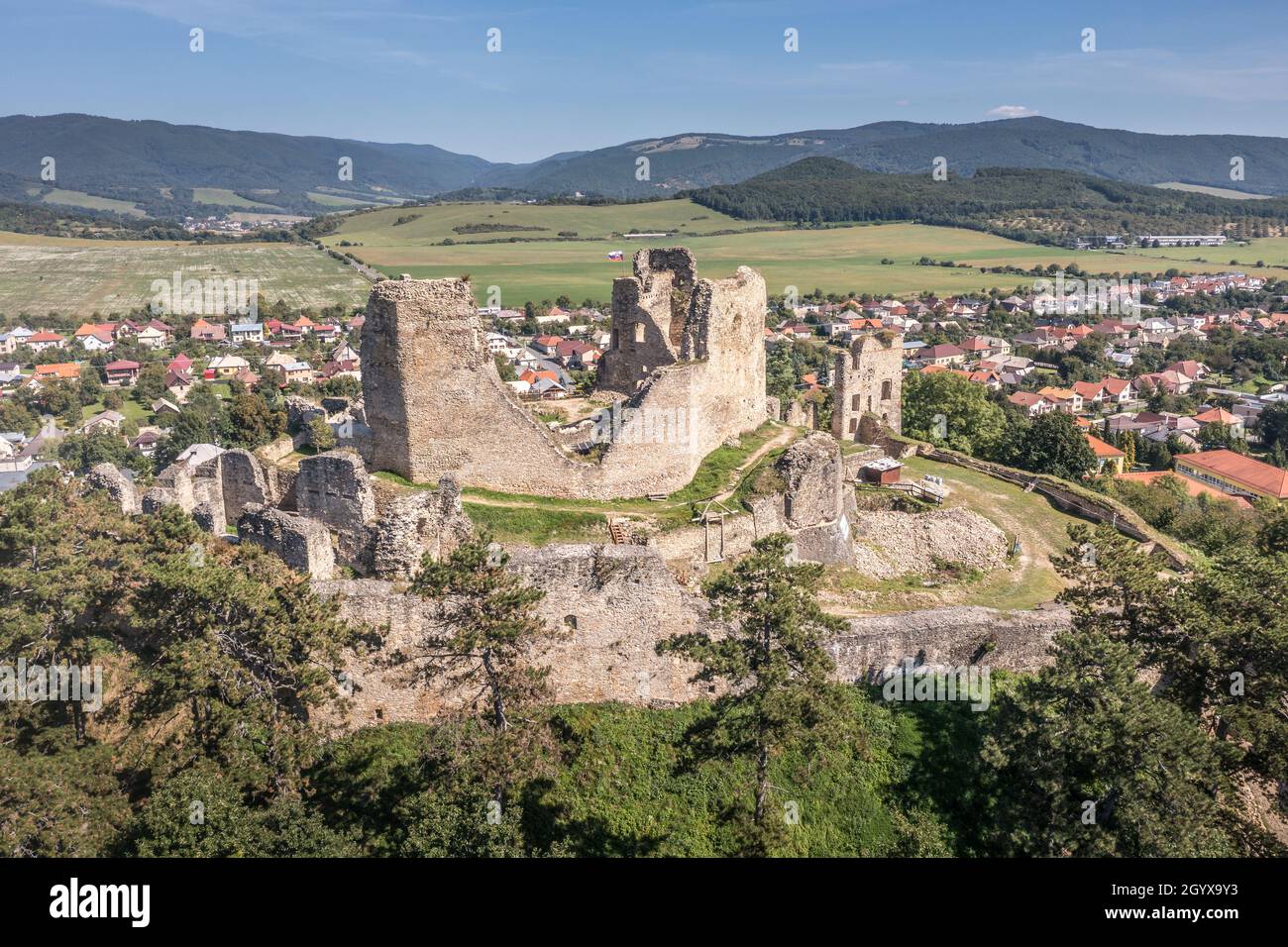 Aerial view of medieval ruined Gothic Divín castle in Southern Slovakia ...