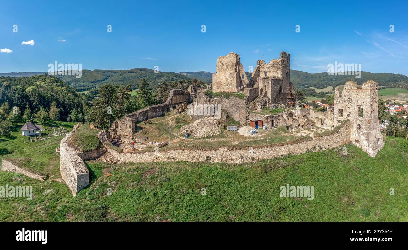 Aerial view of medieval ruined Gothic Divín castle in Southern Slovakia ...