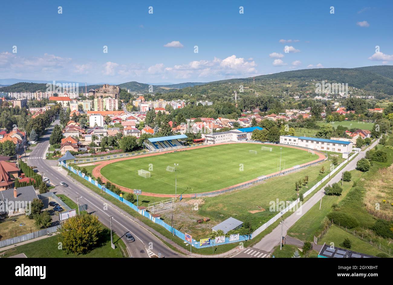 Aerial view of partially restored medieval Filakovo Fulek castle in ...