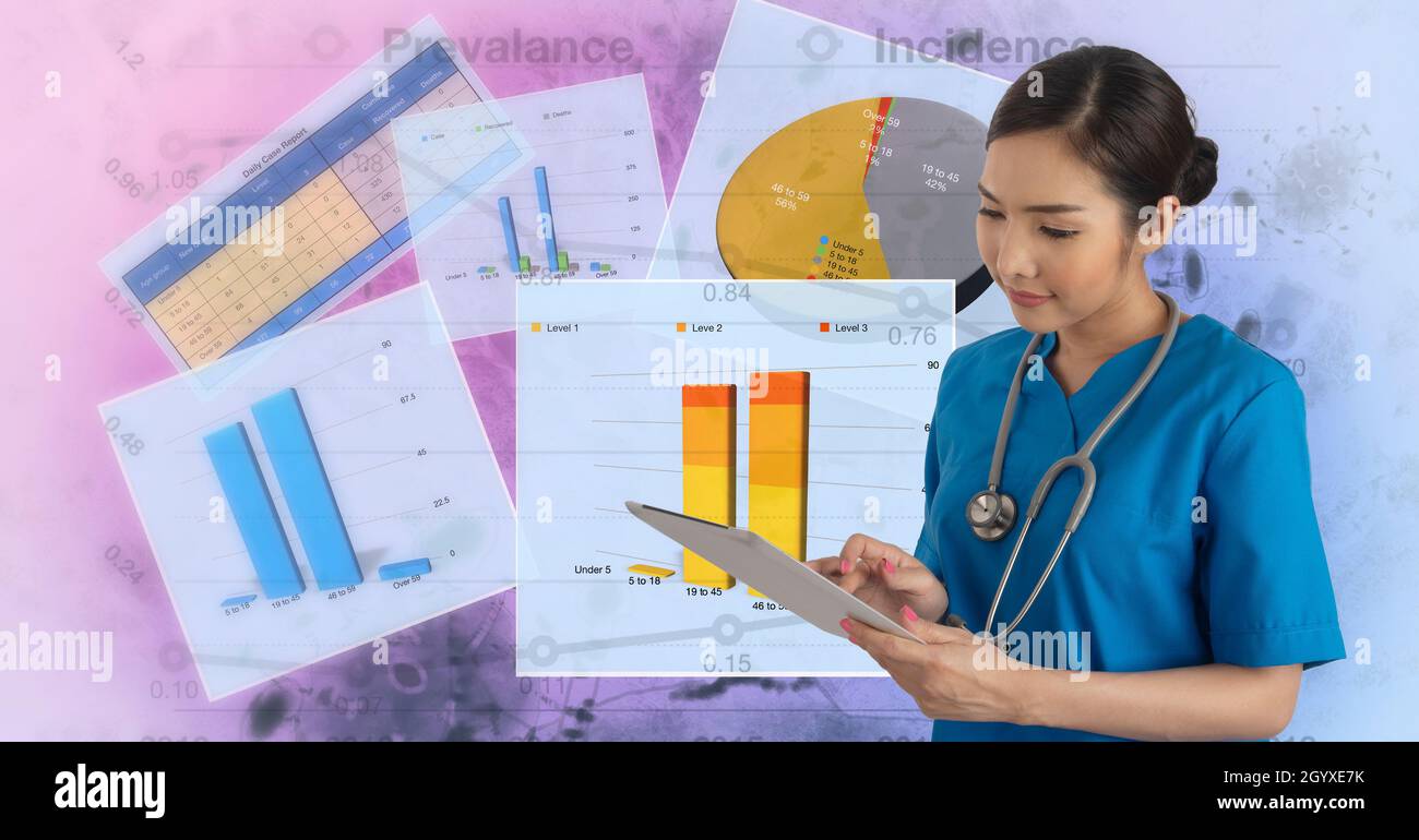 Female doctor work for data analysis on digital tablet with results ...