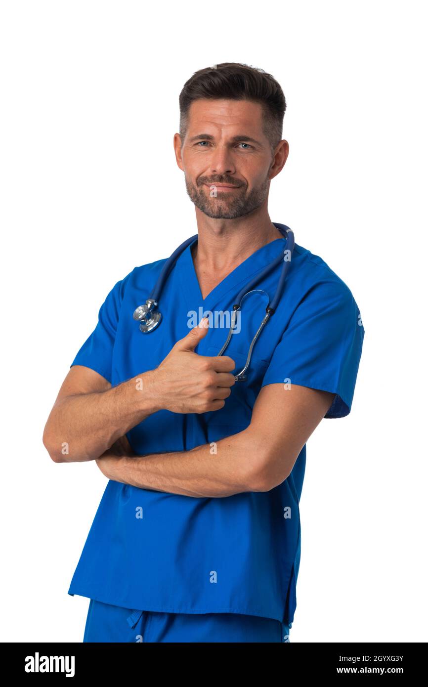 Male nurse in blue uniform with stethoscope standing with thumb up ...