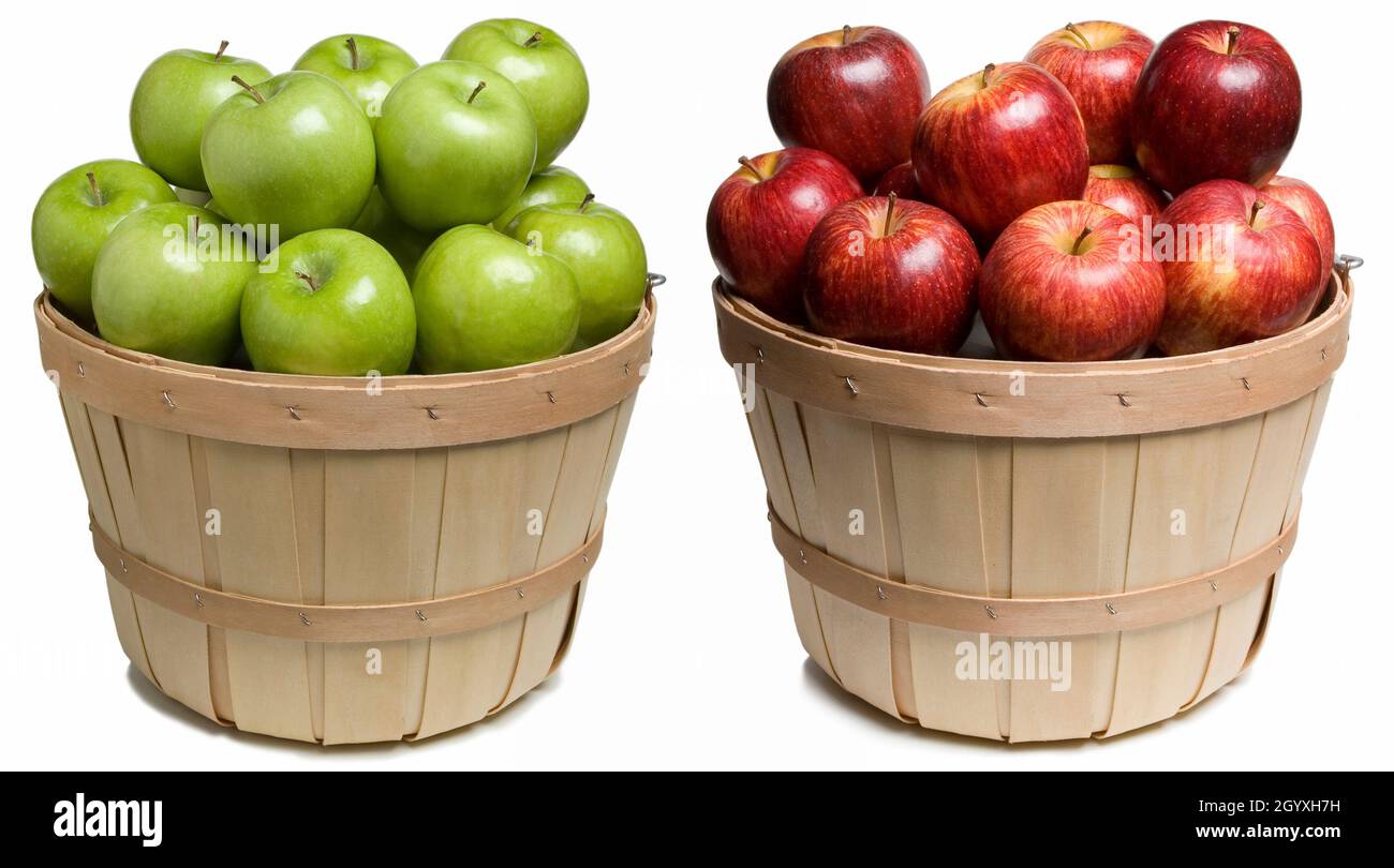 Wood Baskets with Red and Green Apples on white background Stock Photo ...