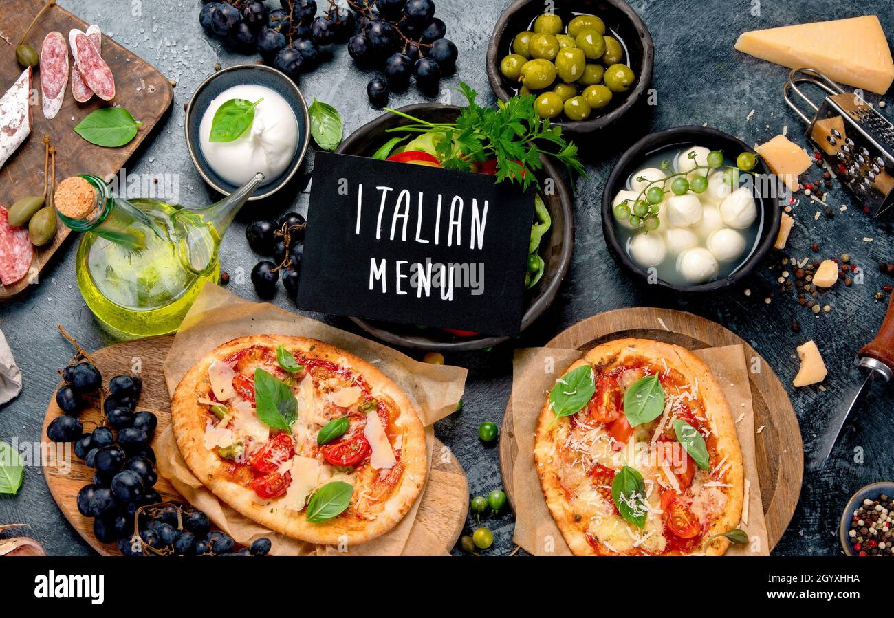 Italian food assortment on dark background. Traditional food concept ...