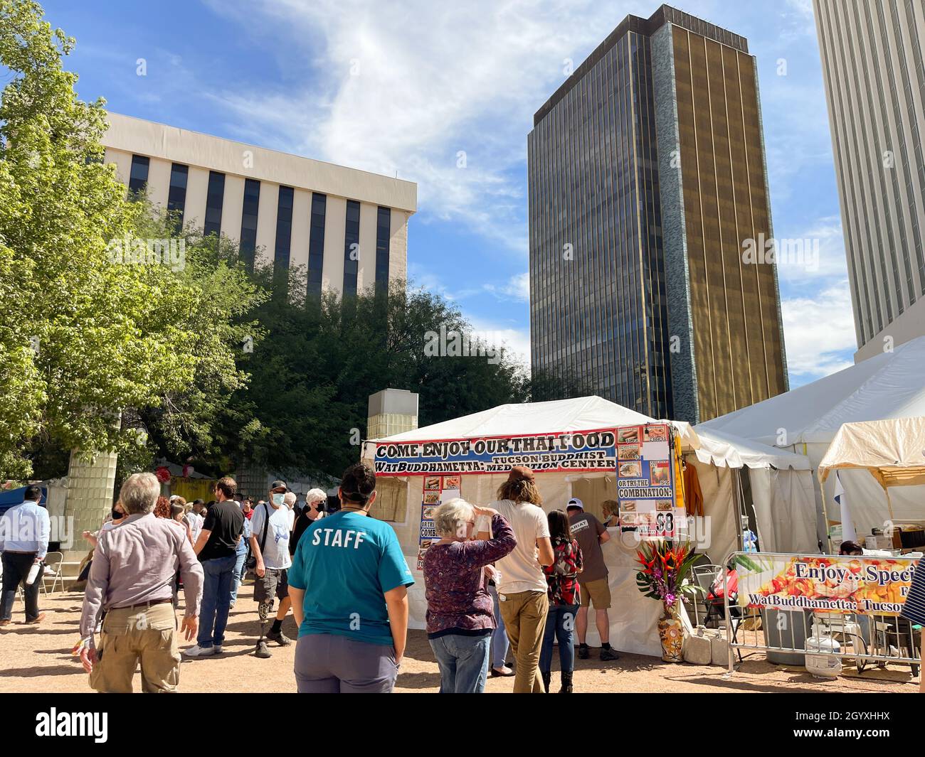 Hungry people in line for lunch at Thai Food stall during Tucson Meet ...