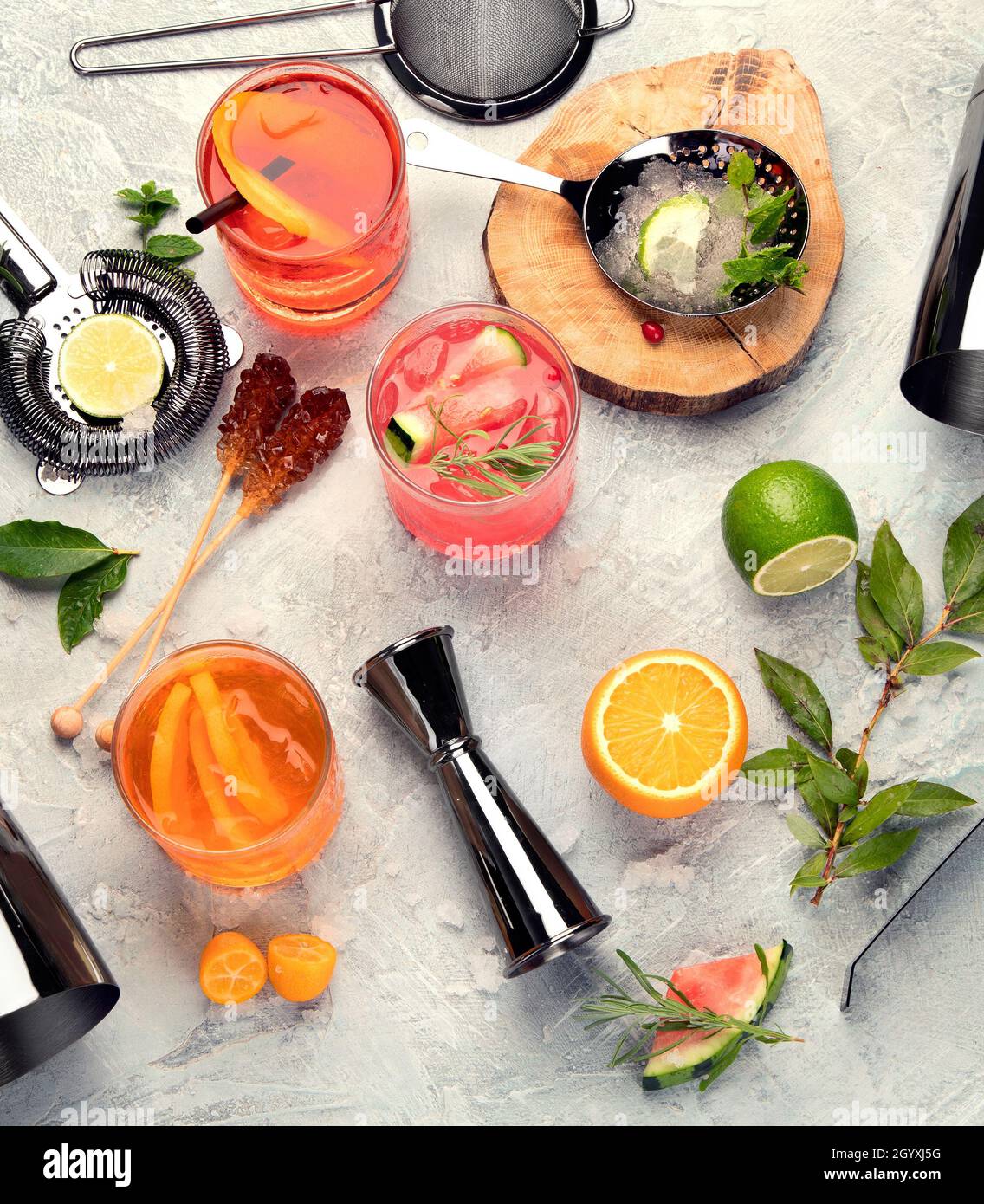 Cocktails assortment served on light background. Classic drink menu ...