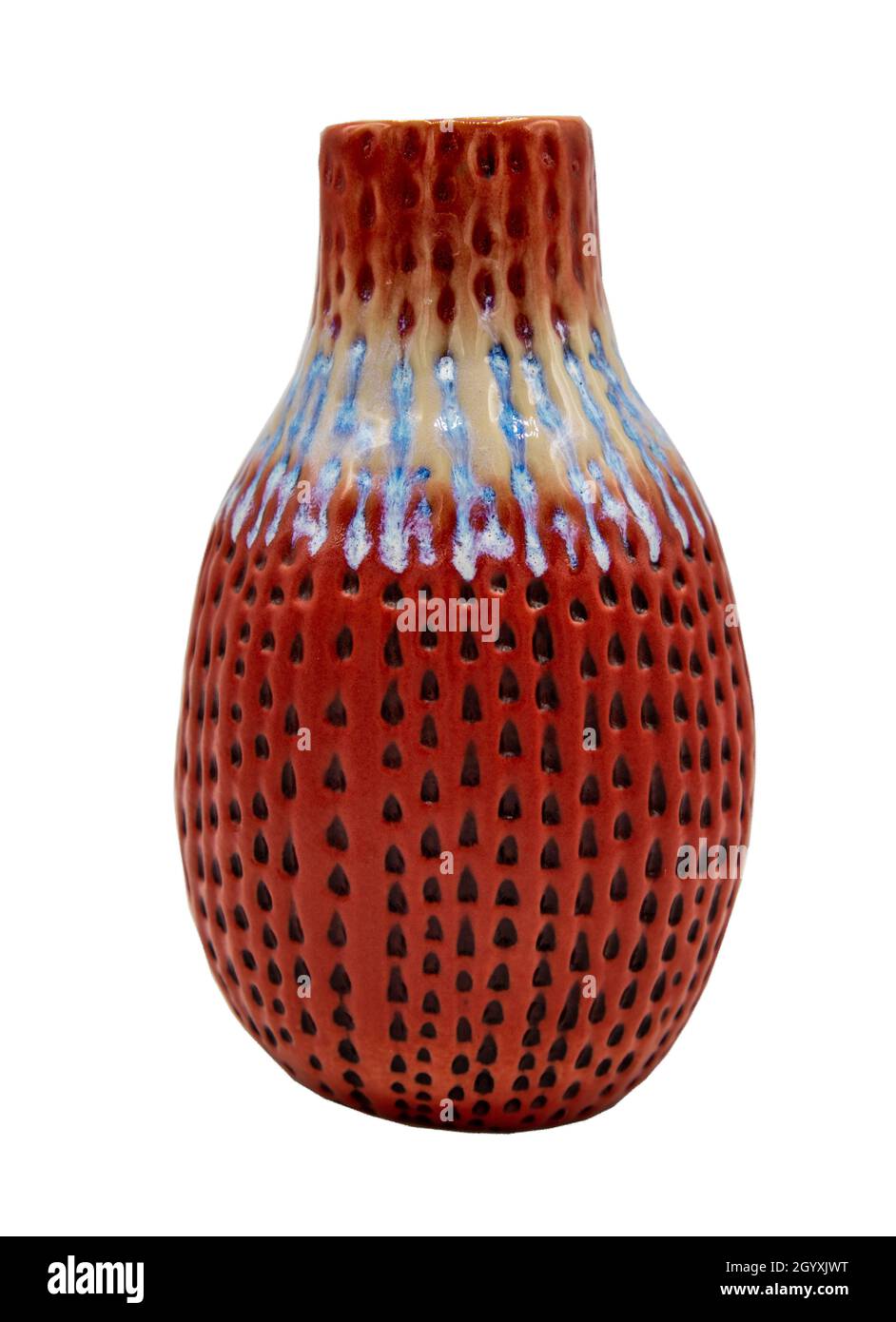 Beautiful red ceramic vase handmade isolated on white background with ...