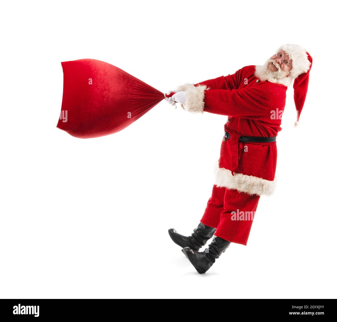 Santa Claus with a big bag on isolated white background. Funny Santa ...