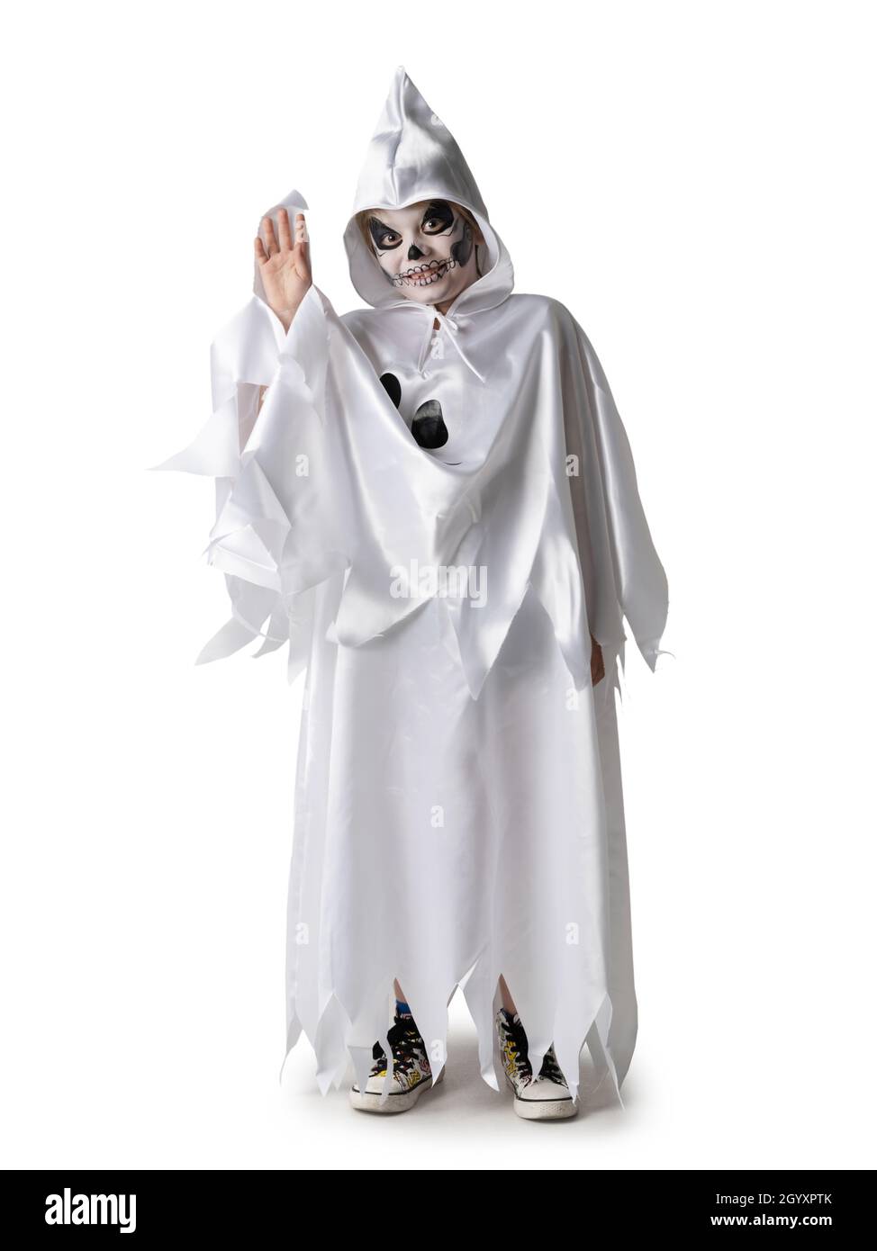 Funny halloween kid in costume with raised arm, waving hello, skeleton ...